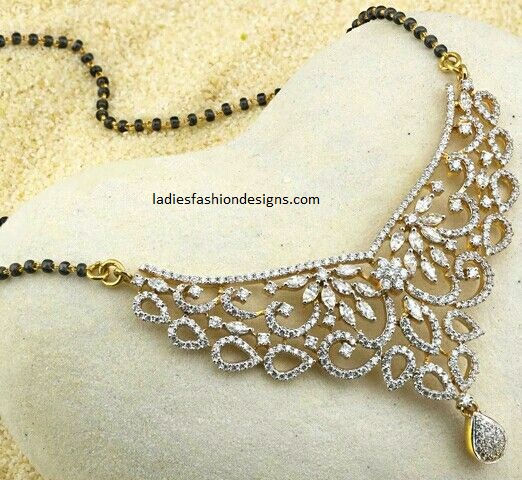 Traditional diamond black bead mangalasutra heavy locket designs ...